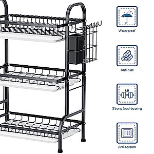 DUANFEE Dish Drying Rack for Kitchen Counter, 3 Tier Dish Rack with Drainboard, Large Dishes Racks Rustproof Dish Dryer Rack, Black