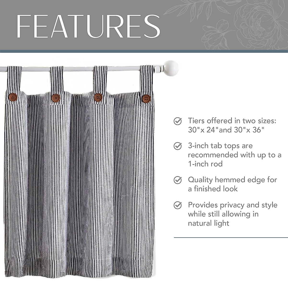 Elrene Home Fashions Tucker Ticking Stripe Tier Window Curtains for Kitchen or Bathroom, 30" x 24", Set of 2, Gray