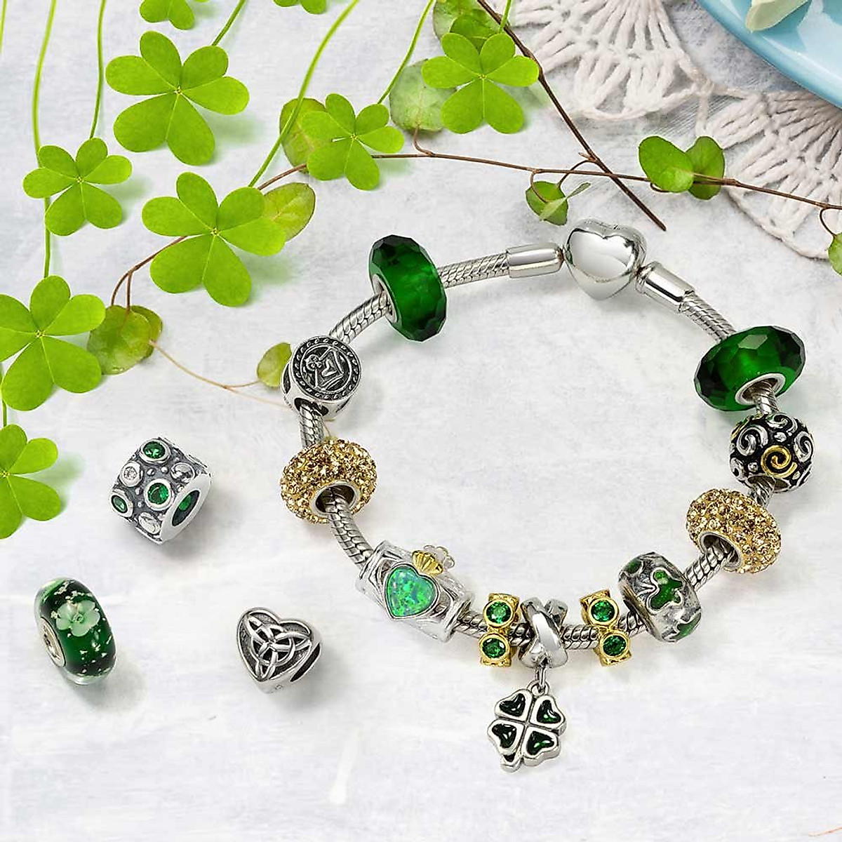 Bling Jewelry Mixed Set Bundle .925 Sterling Silver Murano Glass Good Luck Celtic Shamrock Irish Green Clover Knot Claddagh Charm Bead Spacer Fits European Bracelet For Women Teen
