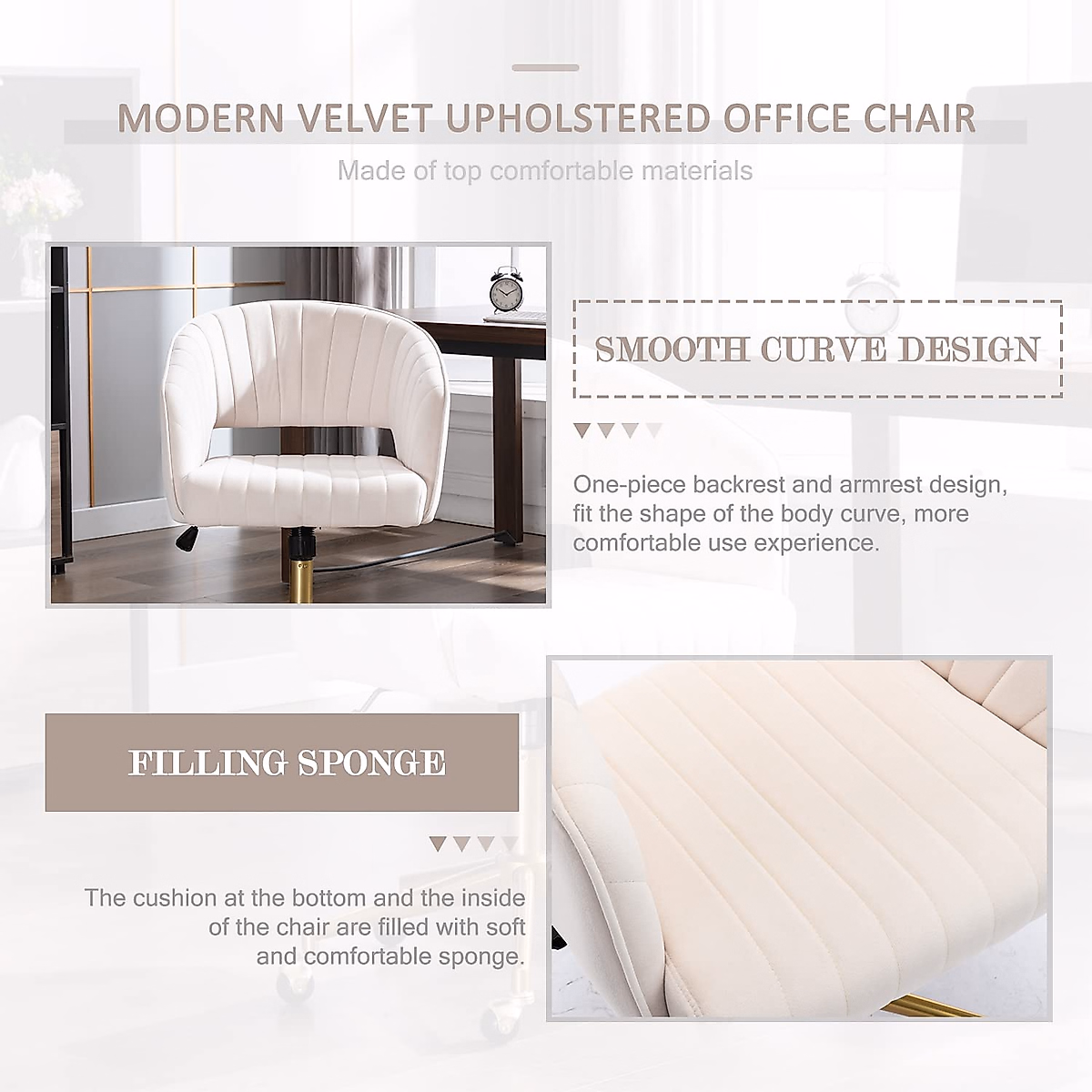 Eifizek Velvet Office Desk Chair, Modern Home Desk Chair with Wheels & Gold Base, Swivel Vanity Chair for Bedroom, Office, Vanity Study (Beige)