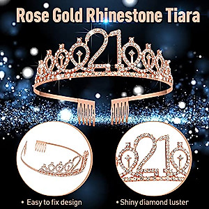 Finally 21 Sash Rhinestone Tiara Set 21st Rose Gold Birthday Sash Crown Birthday Candles Birthday Crown Kit for Women 21st Birthday Party Decoration Anniversary Celebration Supplies