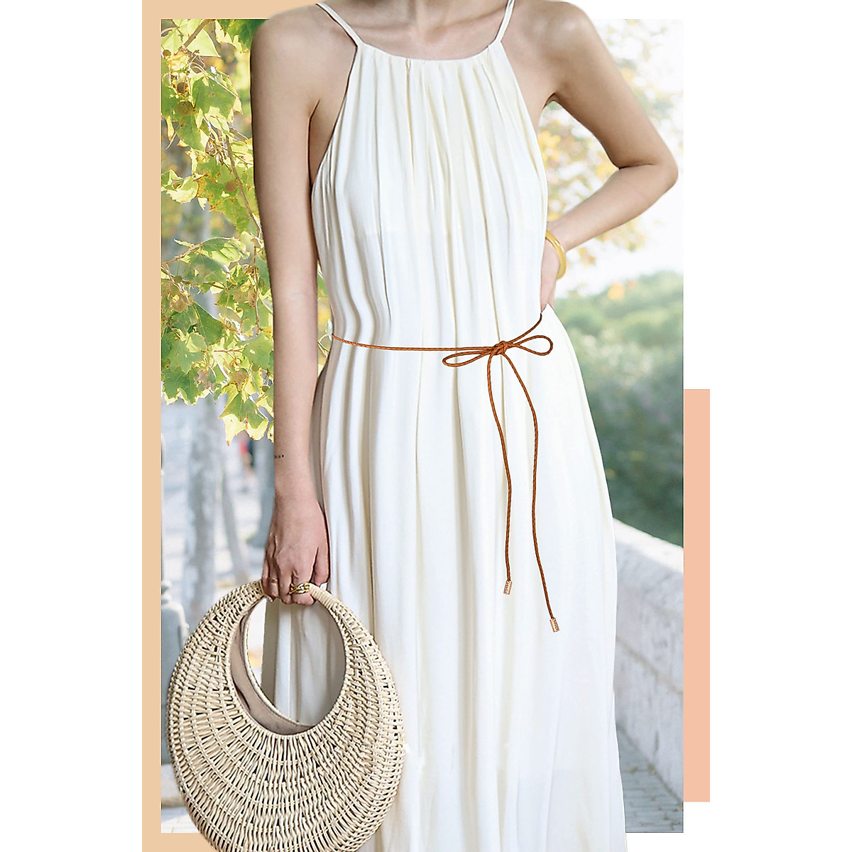 TeeYee Women PU Leather Knitted Waist String Belt/Rope/Chain Long Boho Wrap Skinny Belt (one size, tan)