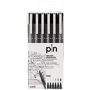 Uni Pin Fineliner Drawing Pen - Sketching Set - Black Ink - 0.03 to 0.8mm - Set of 6