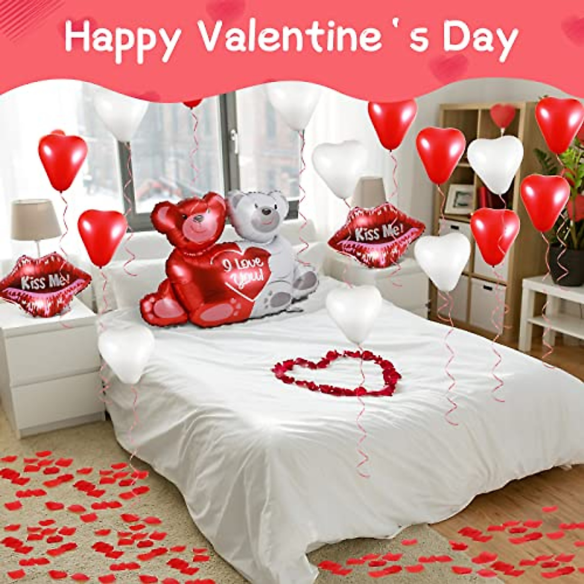 Civaner 25 Pcs Red Heart Balloons I Love You Valentines Day 2000 Rose Petals 40 Inch Bear Balloon and White Shaped Lip for Wedding Party Decoration, White,transparent,red