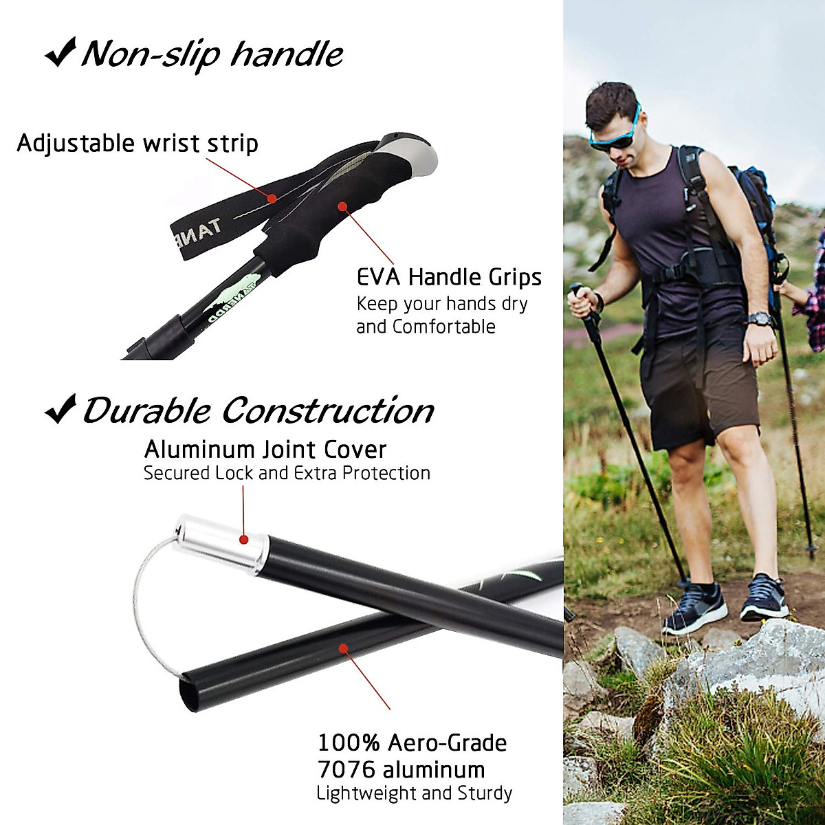 EASY BIG Walking Stick Trekking Poles Collapsible Hiking Poles - Auminum Alloy 7075 Trekking Sticks,Antishock and Quick Lock System, Telescopic, Collapsible, Ultralight