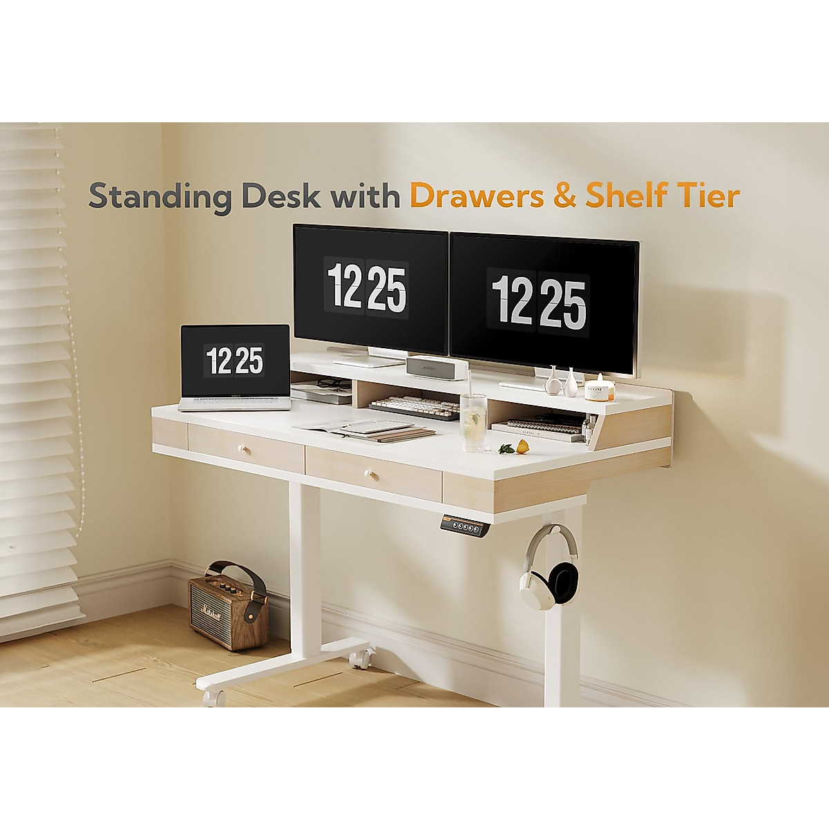Claiks Standing Desk with Drawers, Electric Adjustable Standing Desk Adjustable Height, Sit Stand Up Desk with Storage Shelves & Wheels, 48 Inch White