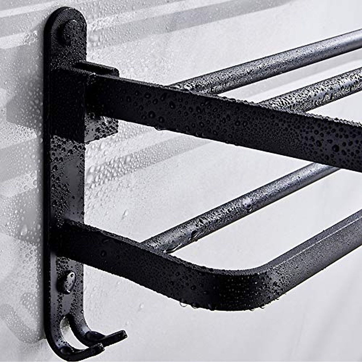 JRMM Towel Racks for Bathroom Wall Mounted Towel Shelf with Two Towel Bars and Hooks, Multifunction Foldable Double Towel Bars, No Rust, Aluminum, Matte Black22.6 inch