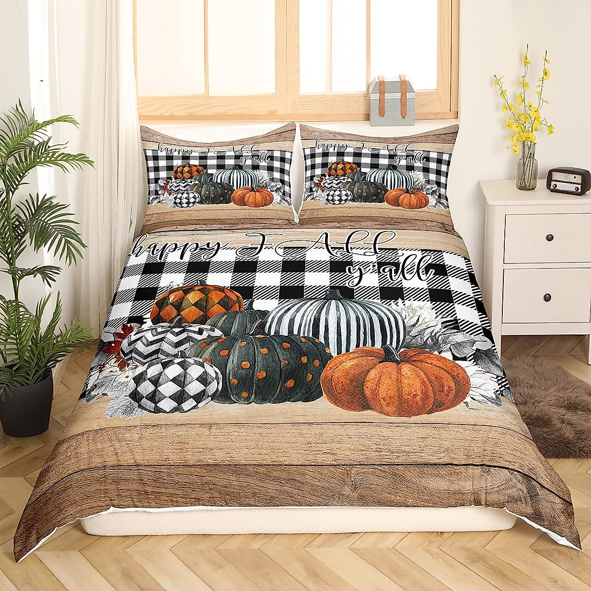 Fall Pumpkins Thanksgiving Bedding Set King Black White Buffalo Plaid Bedding Duvet Cover Rustic Farmhouse Wooden Board Comforter Cover For Adults Women Men Happy Autumn Fall Bed Set Brown 3 Pcs