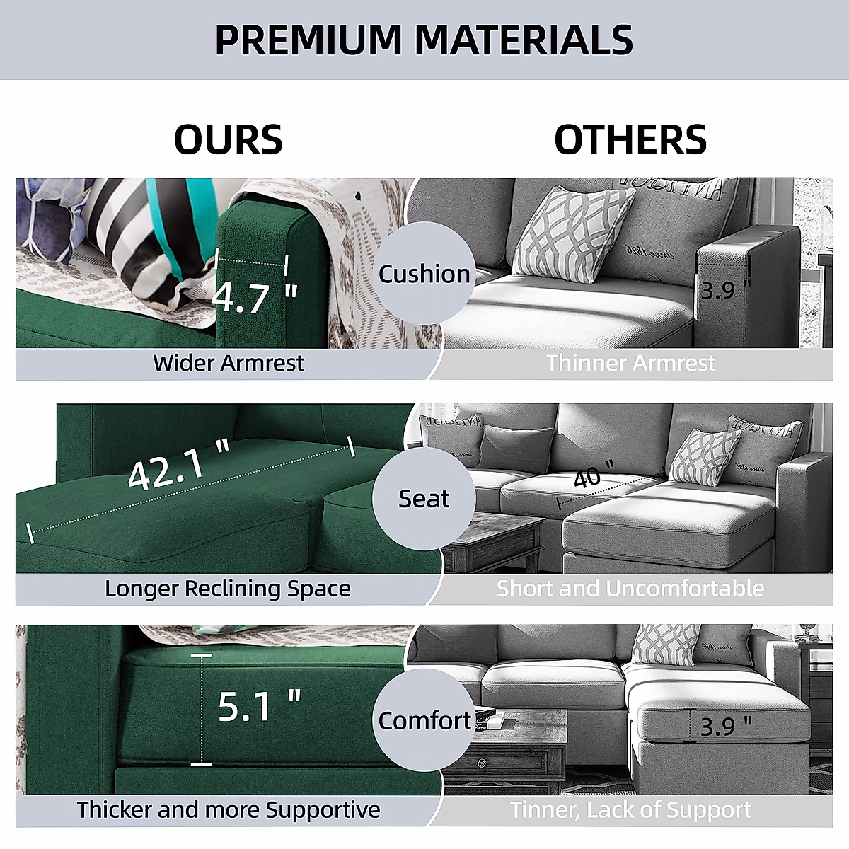 Shintenchi Convertible Sectional Sofa Couch, Modern Linen Fabric L-Shaped, 3-Seat Sofa Sectional with Reversible Chaise for Living Room, Apartment and Small Space (Green)