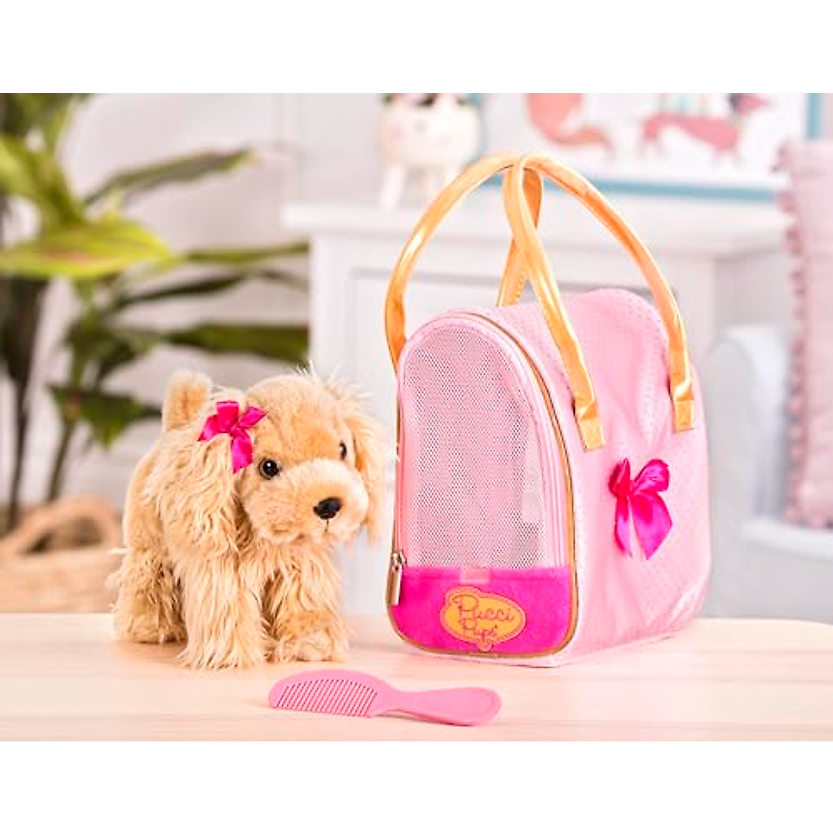 Pucci Pups – Cocker Spaniel Stuffed Puppy with Pink and Gold Dotted Stuffed Animal Bag