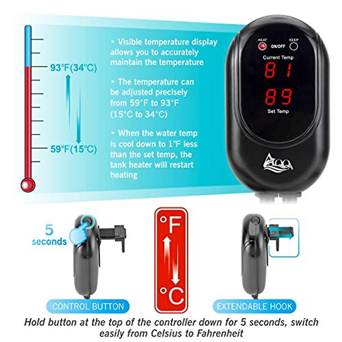 AQQA Aquarium Heater 200W for 45-80 Gallon Submersible Fish Tank Heater for Aquarium Betta Fish Heater Aquarium Thermostat Heater Freshwater and Saltwater (200W for 45-80 Gal)