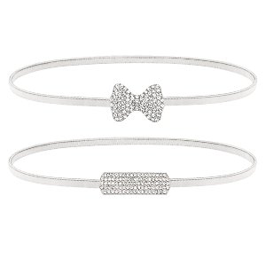 kilofly 2pc Women's Silver Metal Thin Skinny Stretch Belt Rhinestone Waistbands