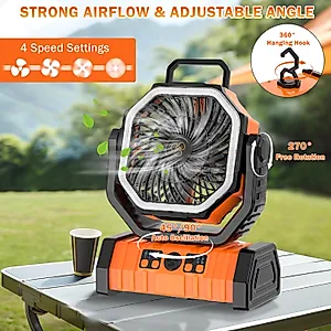 Camping Fan Rechargeable, 20000mAh Large Battery Powered Fan, 4 Speed Rechargeable Fan Portable with Remote, Battery Operated Fan with LED Light and Hanging Hook, Cordless Fan for Tent Picnic Outdoor