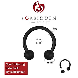 Forbidden Body Jewelry 16g 8mm Horseshoe Piercing Ring, Black IP Plated Surgical Steel, 3mm Balls