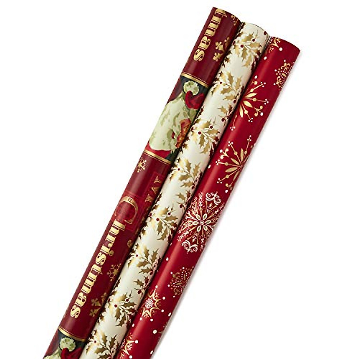 Hallmark Reversible Christmas Wrapping Paper Set with Ribbon and Gift Tag Stickers (Traditional Red and Gold, 3 Rolls of Wrapping Paper and Ribbon)