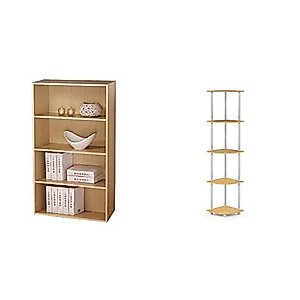 Furinno Pasir 4 Tier Open Shelf, Steam Beech & Turn-N-Tube 5 Tier Corner Display Rack Multipurpose Shelving Unit, 1-Pack, Beech/White