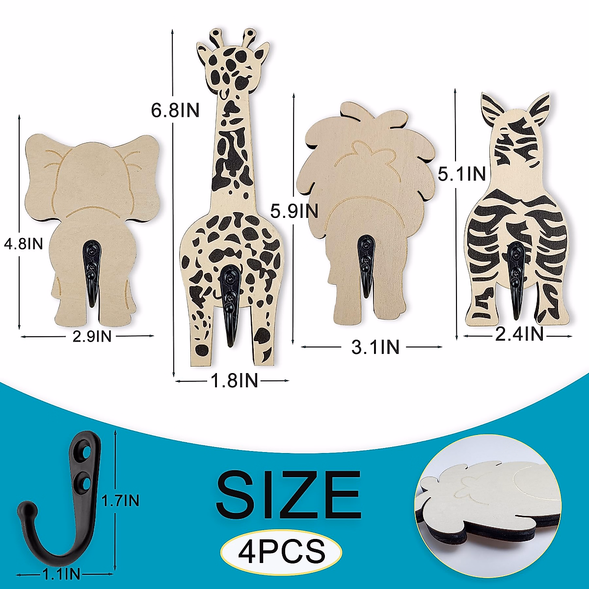 Midrean 4Pack Wooden Cute Unique Animal Nursery Kids Coat Rack Decorative Wall Mount Hooks Elephant Hook