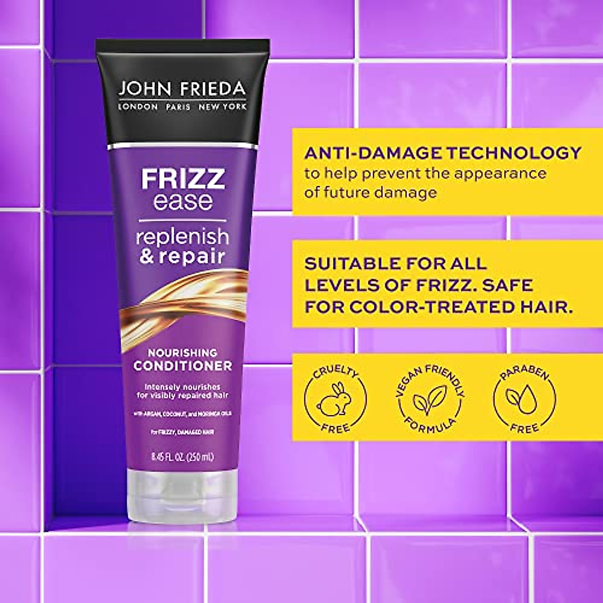 John Frieda Frizz Ease Replenish & Repair Conditioner, Repairs Damage and Dryness for Shiny, Frizz-Protected Styles, Infused with Argan, Moringa, and Coconut Oil for Nourished, Smooth Hair, 8,45 Oz
