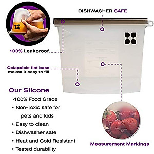 Silicone Bags Reusable | Eco Friendly | Sous Vide, Sandwich Bags, Snacks, Lunch Containers, Fruit, Vegetables | Great Meal Prep Containers & Food Storage Containers | 2 Large 50oz + 2 Medium 30oz