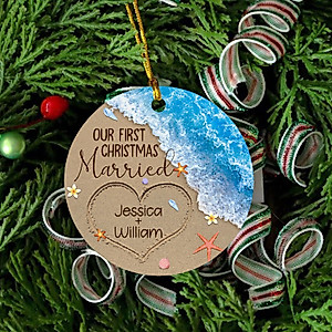 Personalized Our First Christmas Married Beach Ornament Sea 2024, Custom Just Married Christmas Ornament, Beach Wedding Gifts for Couples, Newlywed Christmas Decoration for Home, Bridal Shower