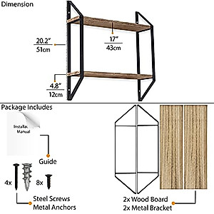 Wallniture Ponza 2-Tier Floating Shelf for Bathroom Organization and Storage Natural Burned Rustic Wood Wall Decor with Metal Brackets