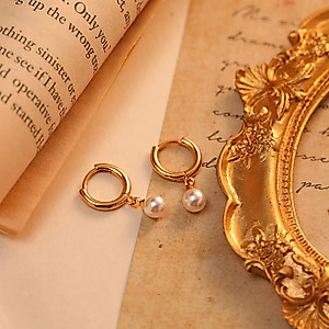 MRSXIA Huggie Earrings for Women Gold Hoop Pearl Bead Ball Dangle Drop 18K Gold Filled Small Simple Delicate Hypoallergenic Ear Jewelry