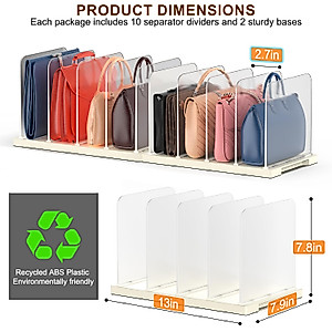 SHILFID Purse Organizer for Closet,2-Pack Shelf Divider for Closet,Bag Organizer Closet,Handbag Storage Organizer,Clear Frosted Plastic Shelf Dividers with 4 Slots for Clutches, Wallets