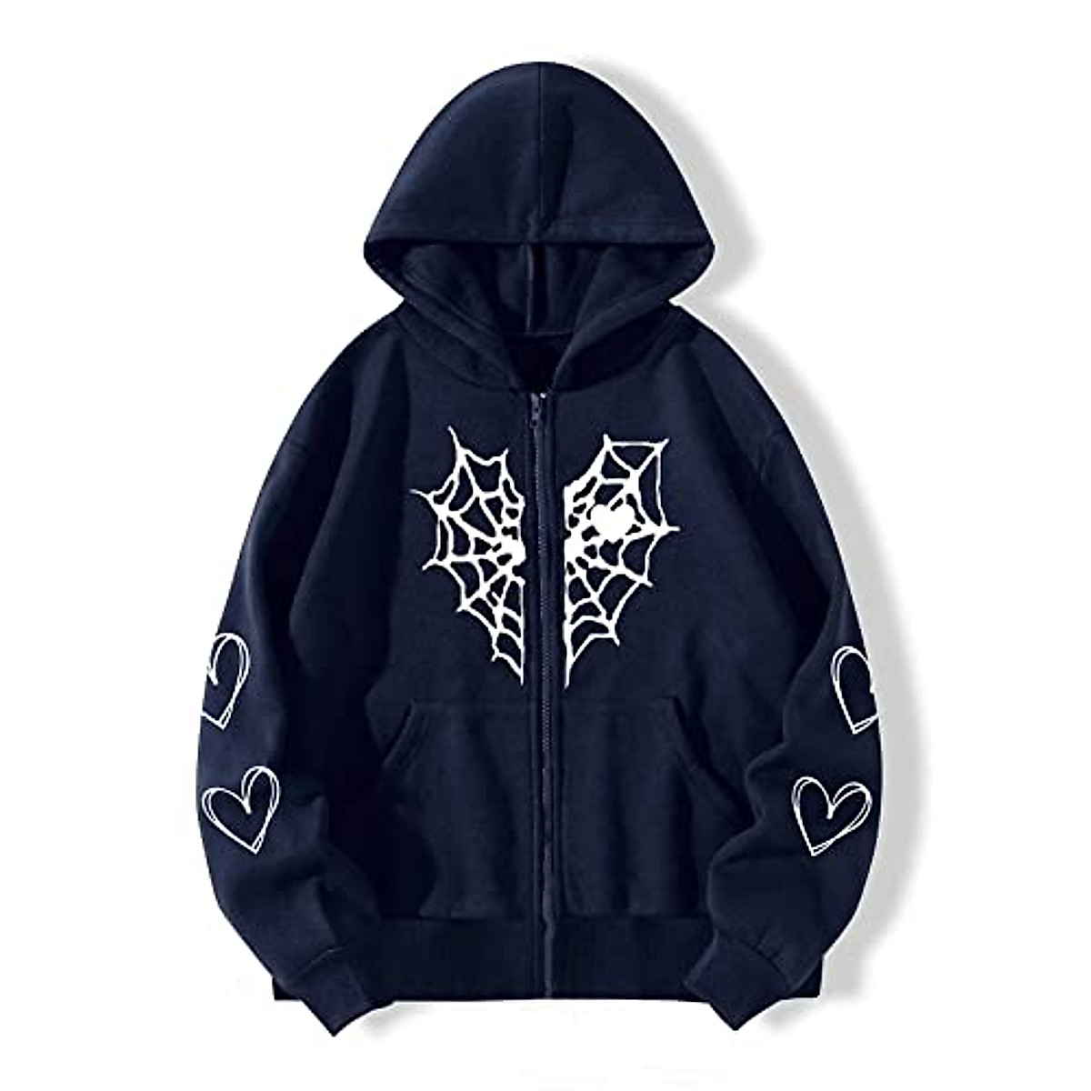 Y2K Gothic Spider Web Heart-shaped Print Hoodied Pullover Punk Zip Up Jacket Coat Harajuku Loose Oversized Streetwear (Black Pink,S)