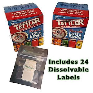 Reusable Canning Lids Bundle Includes 24 Wide Mouth Tattler Lids and Rings and 24 Dissolvable Sunivale Jar Labels For Use With Hot Water Bath, Vacuum Sealer and Pressure Canning Methods Made in USA