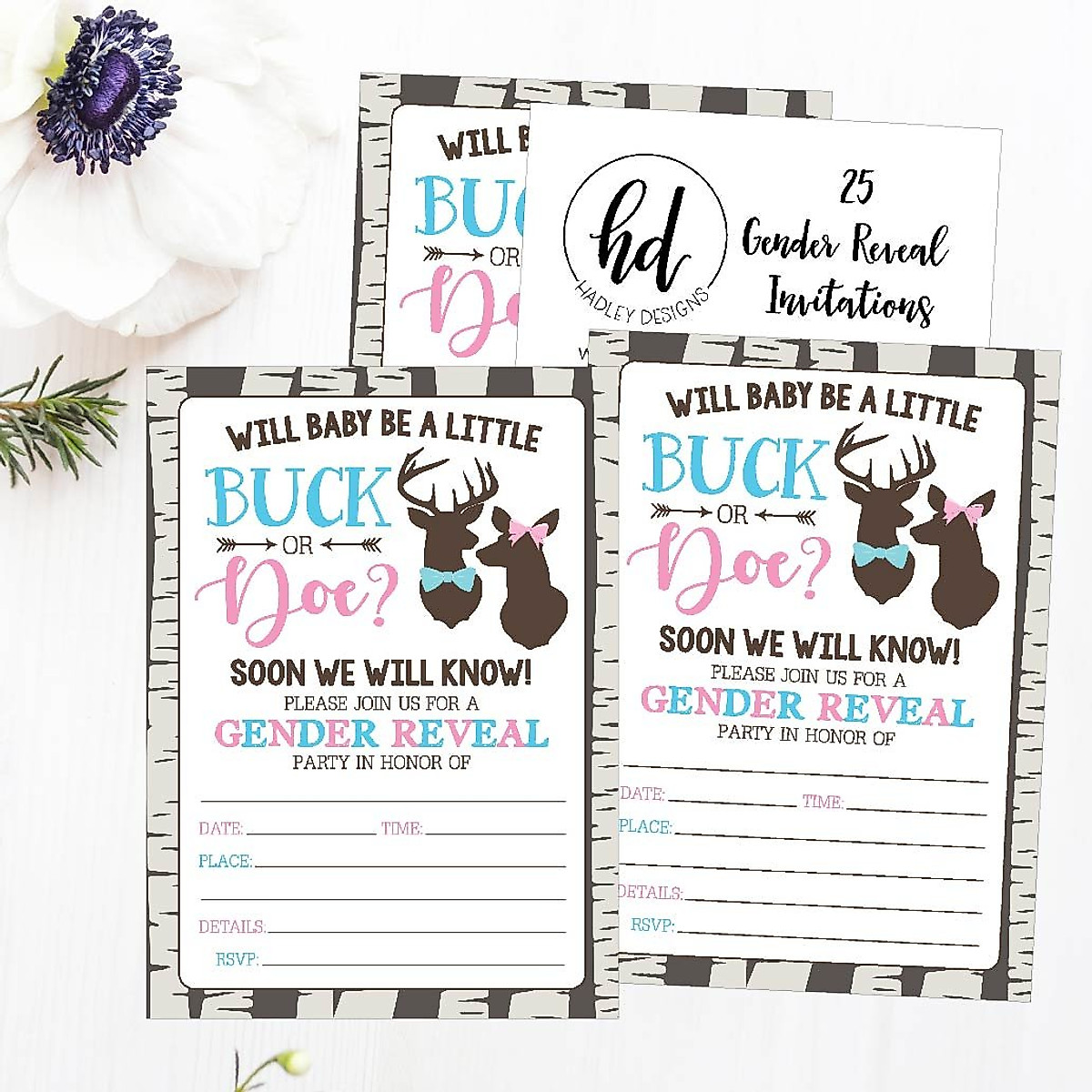 Hadley Designs 25 Buck or Doe Deer Gender Reveal Baby Shower Party Invitation Cards Pink Blue He She Personalized for Unisex Invite Guess If It's a Boy or Girl Fill In The Blank Printable Invite Pack