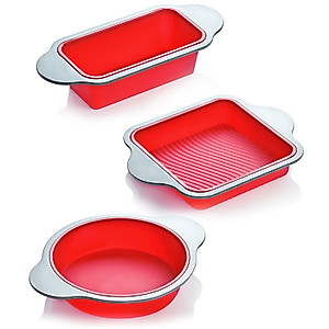 Boxiki Kitchen Silicone Baking Pans Set. 3 PCS Professional Silicone Non-Stick Baking Cake Pans Set includes Silicone Round Cake Pan, Square Cake Pan and Bread Loaf Pan.