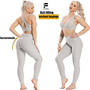 FITTOO Womens High Waist Textured Workout Leggings Booty Scrunch Yoga Pants Slimming Ruched Tights Light Grey XL