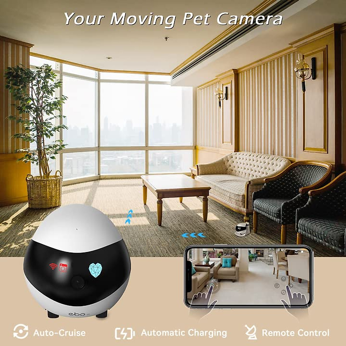 Enabot Ebo SE Movable Smart Pet Dog Camera Robot, Wireless Auto-Cruise Self-charging 1080P HD w/Night Vision 2-Way Audio APP Remote Control Motion Detection IP Cam Home Camera 2.4G/5G Wifi