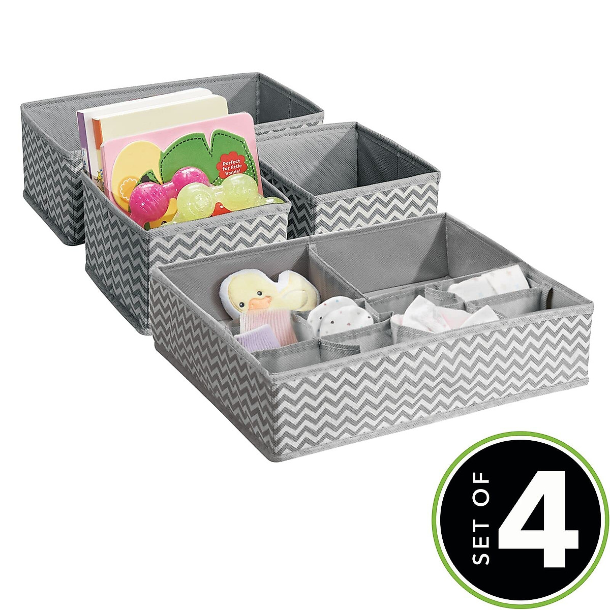 mDesign Fabric 4-Piece Drawer Organizer Bins, Kids/Baby Nursery Dresser, Closet, Shelf, Playroom Organization, Hold Clothes, Toys, Diapers, Bibs, Blankets, Gray/Cream Chevron