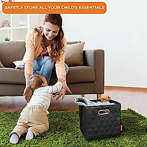 JIAessentials 12 inch Black Foldable Diamond Patterned Faux Leather Storage Cube Bins Set of Two with Handles for living room, bedroom and office storage