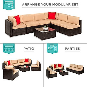 Best Choice Products 7-Piece Modular Outdoor Sectional Wicker Patio Furniture Conversation Sofa Set w/ 6 Chairs, 2 Pillows, Seat Clips, Coffee Table, Cover Included - Brown/Tan