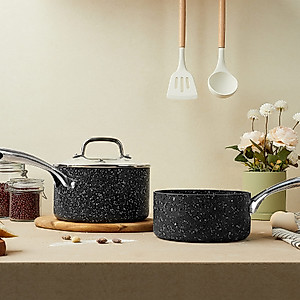 HLFRG Saucepan Set with Lid, Nonstick 2Qt & 3Qt Sauce Pan Set with Lid, Small Pot with Lid, Natural Granite Nonstick Saucepan Set, Small Sauce Pots, Black Pot Set - 2Qt & 3Qt