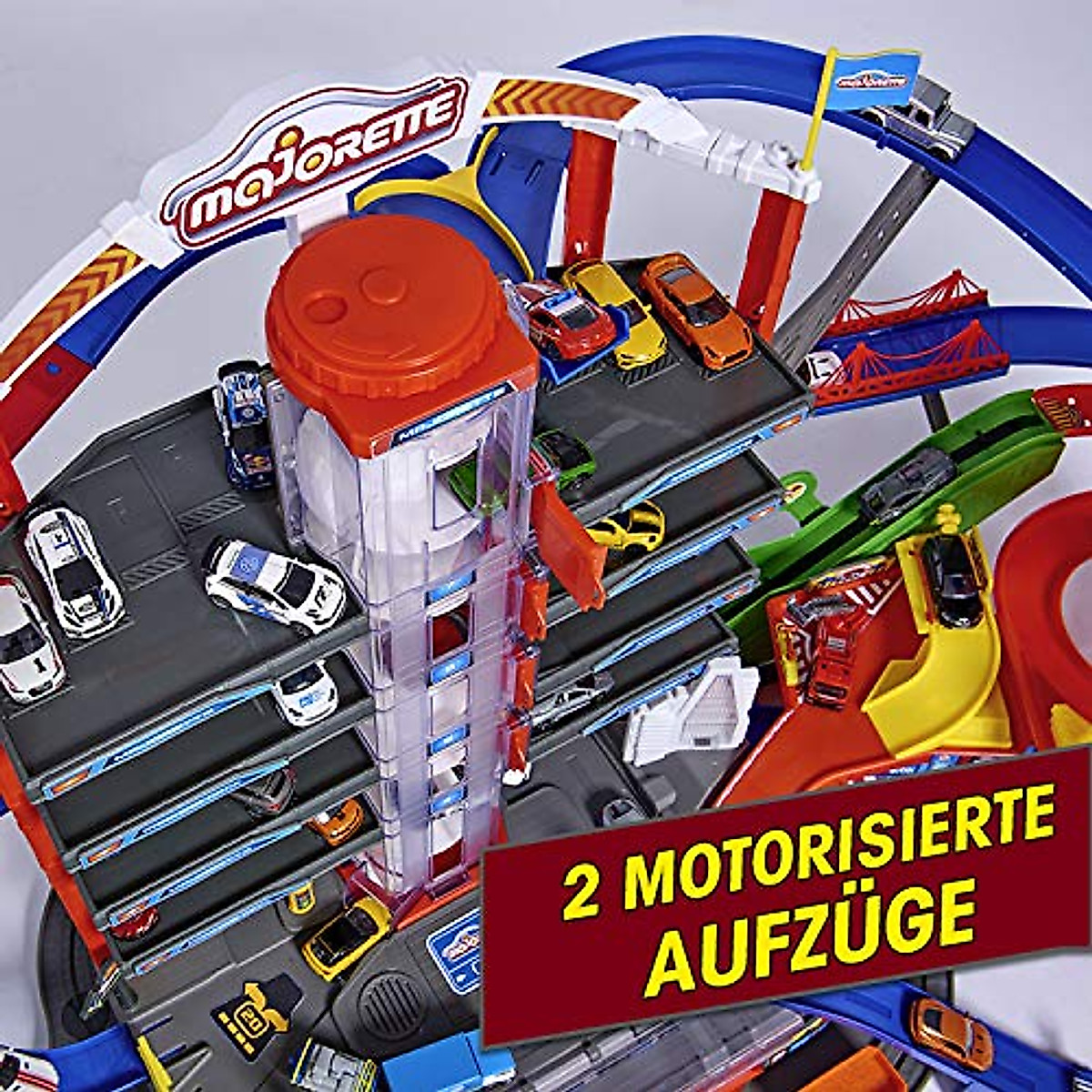 DICKIE TOYS: Majorette Super City Garage Playset with 6 Die-Cast Cars, Parking Building Play World on Seven Floors, 6 Light and Sound Effect Systems, For Ages 3 and up , 128 x 78 x 73 cm