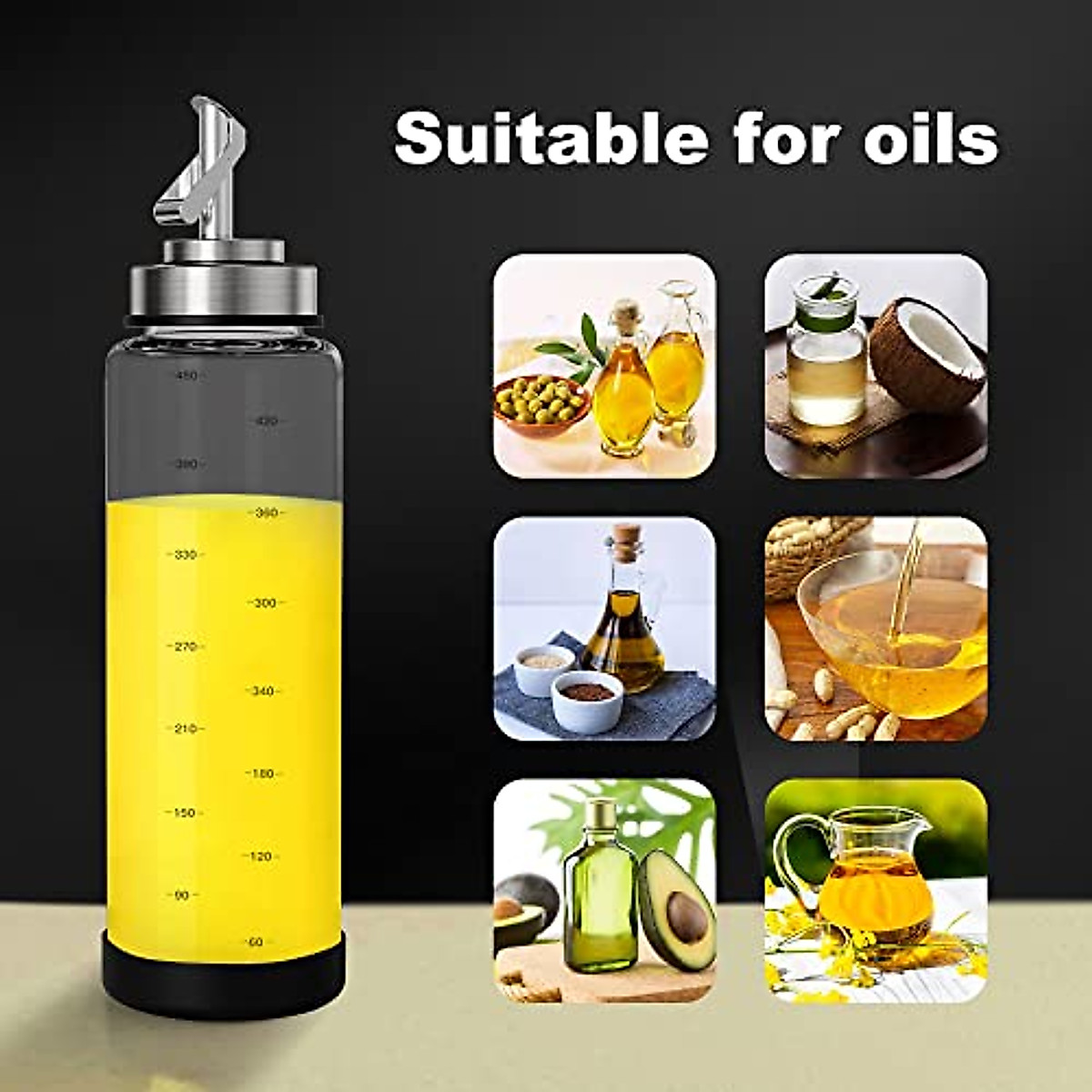 Suli Glass Olive Oil Dispenser Bottle -2 Pack17oz Oil and Vinegar Cruet Set with Steel Spouts and Labels for Kitchen Cooking, Salad Dressing, and BBQ (Silver)