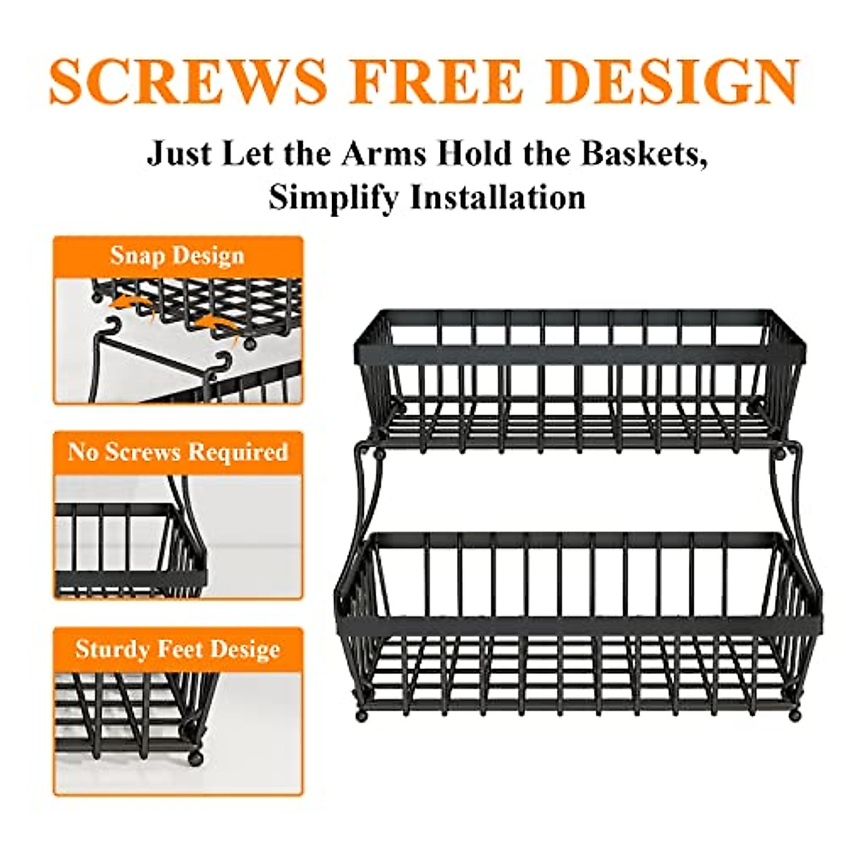 GILLAS 2 Tier Fruit Basket Countertop for Kitchen, Vegetable Bread Basket Fruit Bowl Storage Stand Detachable Metal Rectangular Wire Basket Black Medium