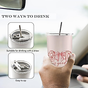 MOTERMATE Christian God is Good Pink Bow Cross 20oz Travel Coffee Mug Tumbler, Christian Easter Tumbler Gifts for Women Kids, Preppy Stuff, Pink Preppy Water Stainless Steel Tumbler with Lid and Straw