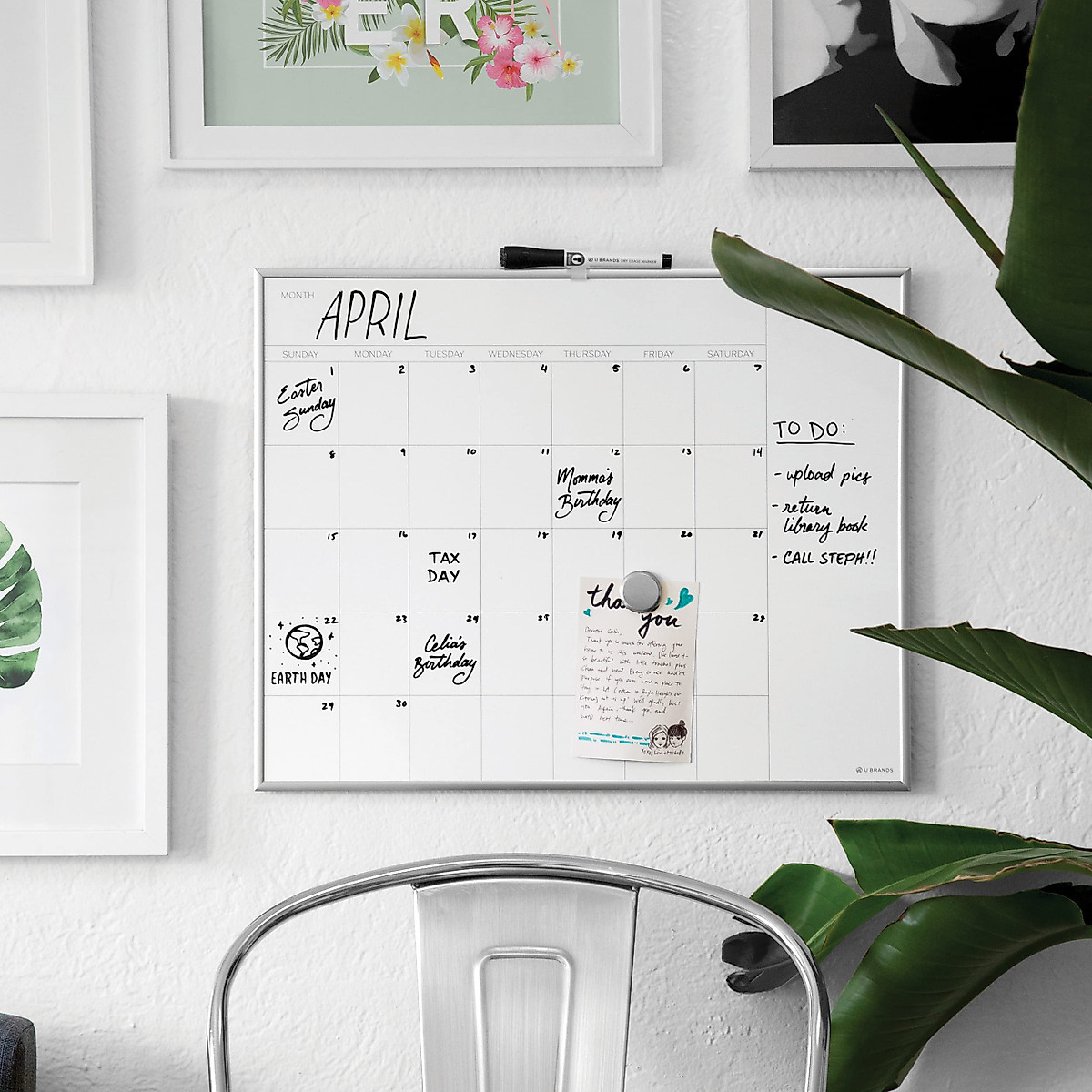 U Brands Magnetic Monthly Calendar Dry Erase Board, 16 x 20 Inches, Silver Aluminum Frame, Magnet and Marker Included (361U00-01),Silver Frame