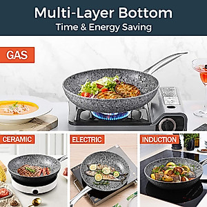 KOCH SYSTEME CS 8"+11" Premium Nonstick granite stone Frying Pan Sets, Gray Nonstick Frying Pan Sets with Lids, Aluminum Pan for Effortless Cooking, Kitchen Cookware Sets Compatible for all Stoves