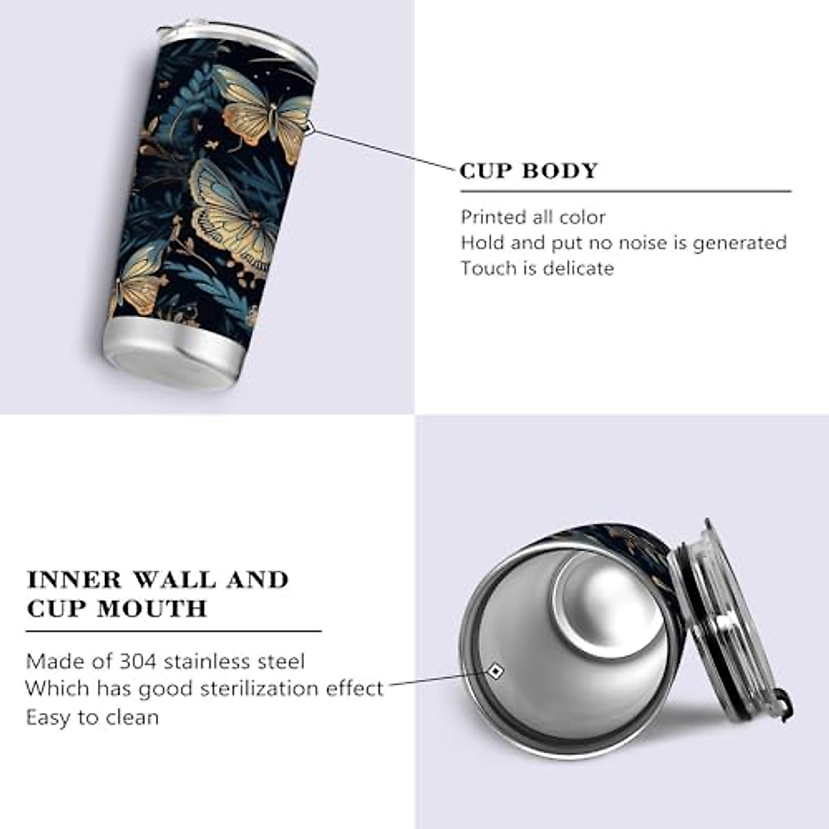 Wassud Gold Blue Butterfly 20 oz Tumbler with Lid and Straw Stainless Steel Double Wall Vacuum Tumblers Insulated Travel Coffee Mug for Cold and Hot Drinks