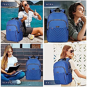 Backpack for Women, Travel Backpacks With USB Charging Port, School Student Anti Theft Laptop Bookbag, Large Quilted College Backpack Computer Bag Fits 17.3 Inch, Business, Work, Casual Daypack Blue