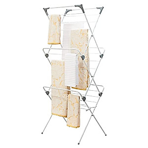 mDesign Tall Metal Foldable Laundry Clothes Drying Rack Stand - Compact, Portable, Folding, and Collapsible for Storage - Large Capacity, 27 Drying Rods, 46 Feet of Drying Hanger Space - White/Gray