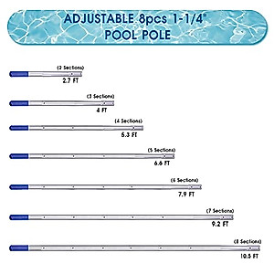 POOLWHALE 10.5 Foot Premium Aluminum Telescopic Swimming Pool Pole, Special Stripes Texture Strong Grip, Adjustable 8 Pieces 1.0 mm Expandable Step-Up, for Skimmer Nets, Vacuum Heads and Brushes