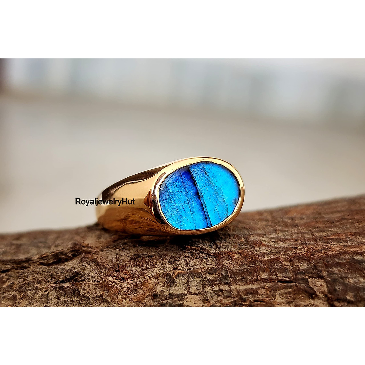 Flat Natural Labradorite Ring, Copper Ring, 925 Solid Sterling Silver Ring, Engagement Ring, Promise Ring, Blue Gemstone Ring, Oval Shape Horizontal Ring (Copper, 9.5)