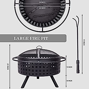 Vipush Fire Pit - 30in Black Crossweave Outdoor Fire Pit, Wood Burning Fire Pit with Spark Screen, Fireplace Poke, Cover - Fire Pit for Outside, Patio, Garden, Backyard, Decking