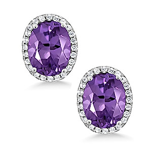 Gem Stone King 925 Sterling Silver Purple Amethyst Halo Earrings For Women (3.80 Cttw, Gemstone Birthstone, Oval 9X7MM)